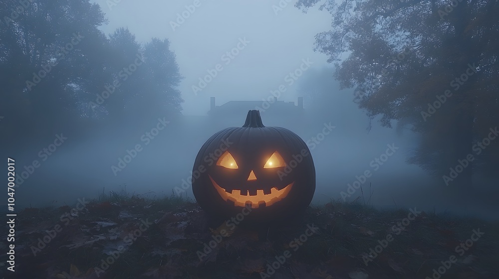 Surreal Halloween wall art of a floating pumpkin head with glowing eyes ...