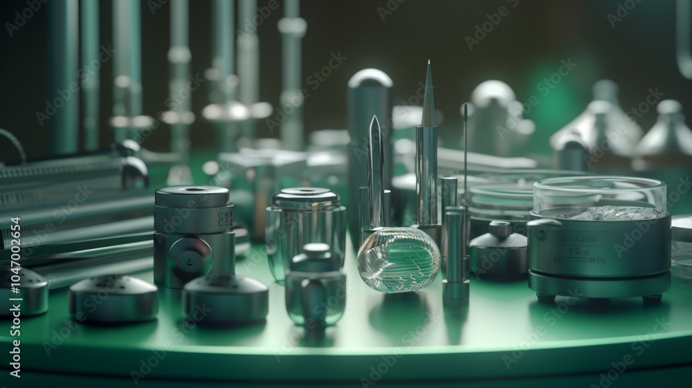 Laboratory scene featuring a collection of glassware, including test ...