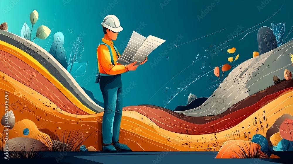Cartoon Geotechnical Engineer Examining Detailed Colorful Layers of ...