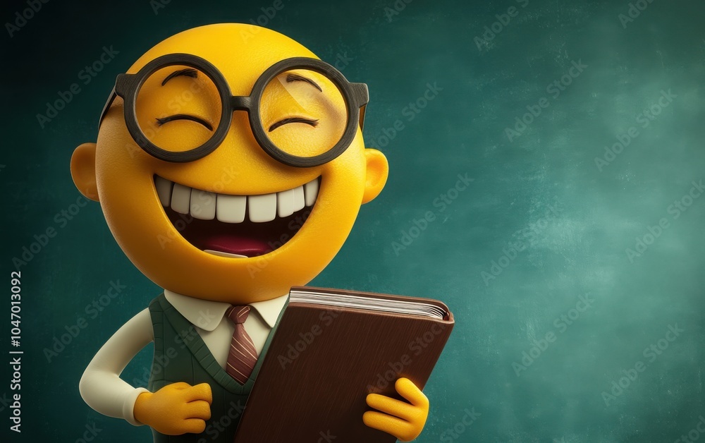 Create an emoji of a smiling teacher holding a chalkboard or book ...