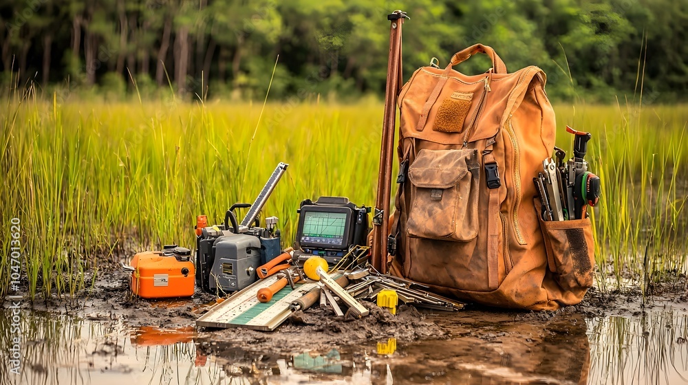 Disorderly Field Engineer s Toolkit with Various Tools and Surveying ...