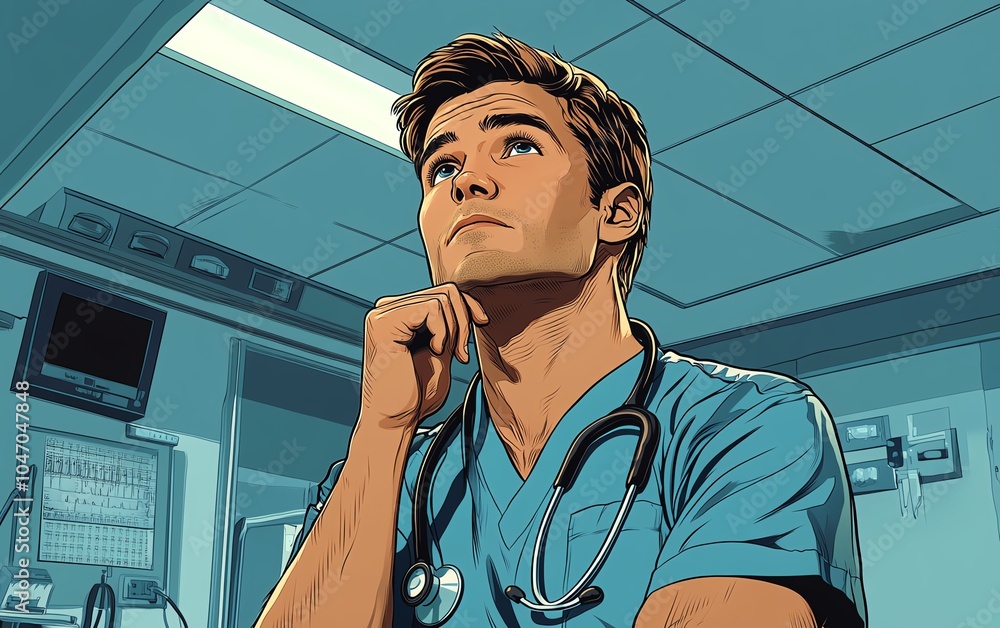 Cartoon depiction of a male doctor in scrubs, pondering over a medical ...