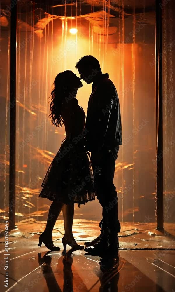 silhouette of a young couple dancing in the side perspective against a ...