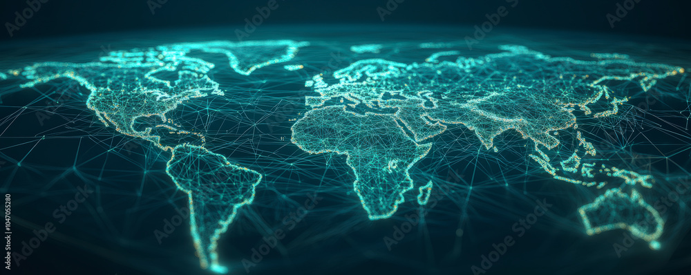 A digital illustration of a world map with interconnected lines ...