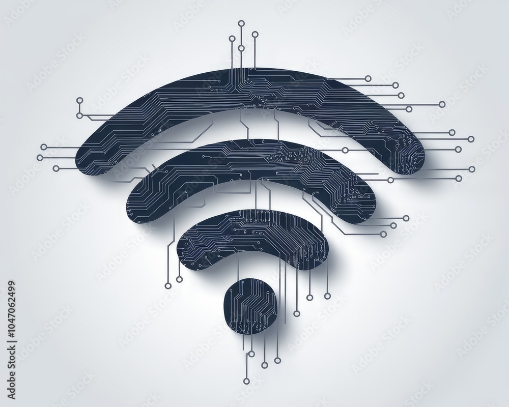Stylized wifi symbol with circuit patterns, representing modern ...