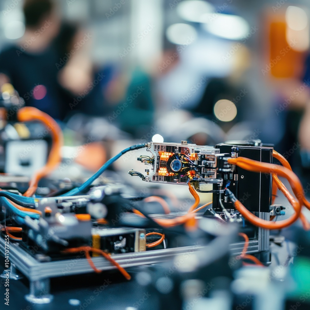 Robot wiring adjustment close-up, blurred competition background ...