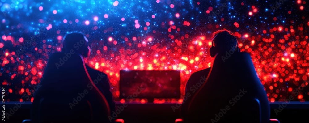 Two gamers in a dark room with a vibrant cosmic background, immersed in ...