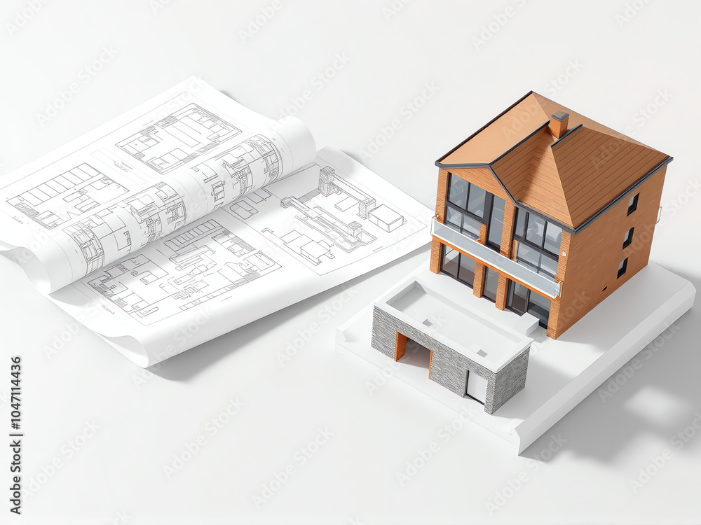 Detailed architectural model of a modern house alongside blueprints on ...