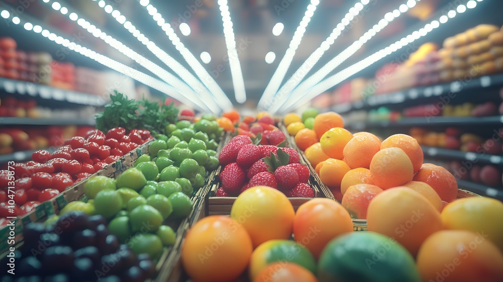 Supermarket produce aisle with vibrant colorful fruits and vegetables ...
