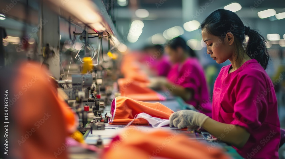 Workers sewing garments on an assembly line in a clothing factory Stock ...
