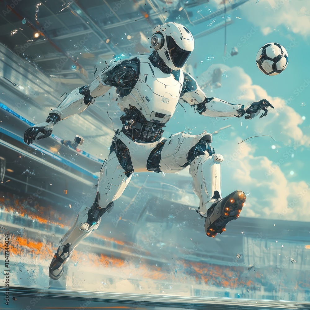 Robot Soccer Player Kicking Ball: A futuristic robot in mid-kick ...