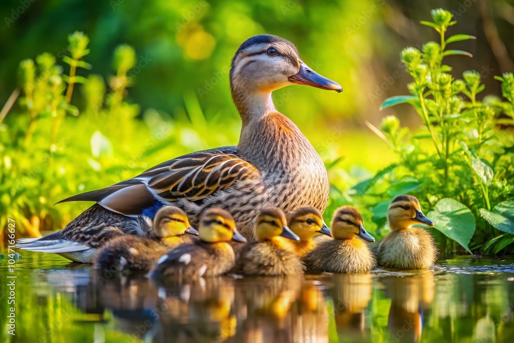 Spotbill Duck Breeding Season with Mother and Ducklings in Nature Stock ...