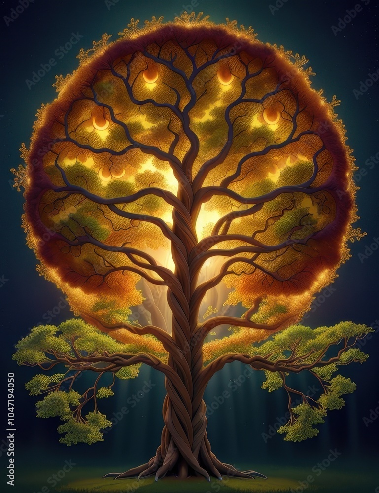 A glowing golden Tree of Life, with a huge crown, branches and roots ...