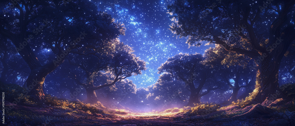 An ancient forest bathed in the cool light of a starry night, with ...