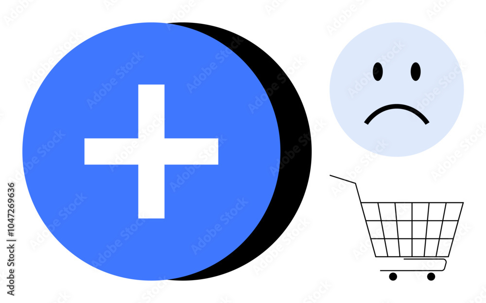 Blue add button with a white plus symbol a sad face in a blue circle ...