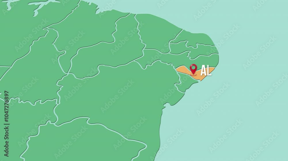 Mapa de Brasil con división política resaltando el estado Alagoas con su capital Maceió. vídeo ...