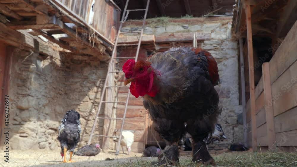 A large rooster and hens roam a rustic farmyard with stone walls and ...