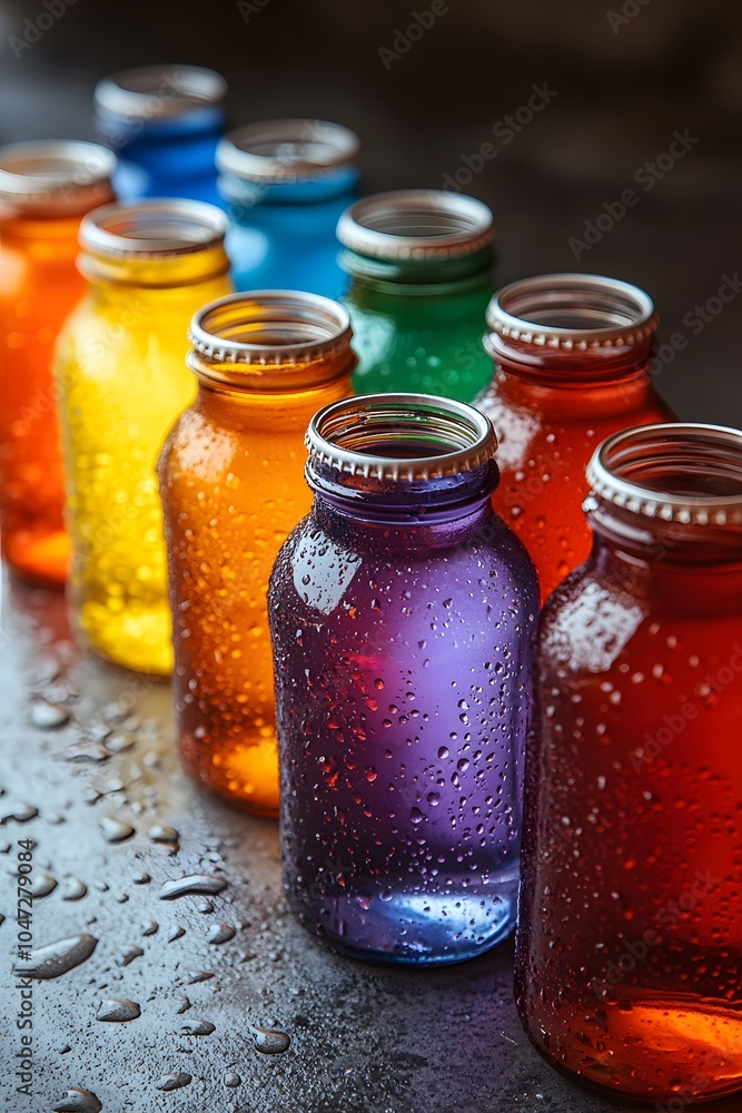 Collection of soda cans with vibrant labels, condensation details, set ...