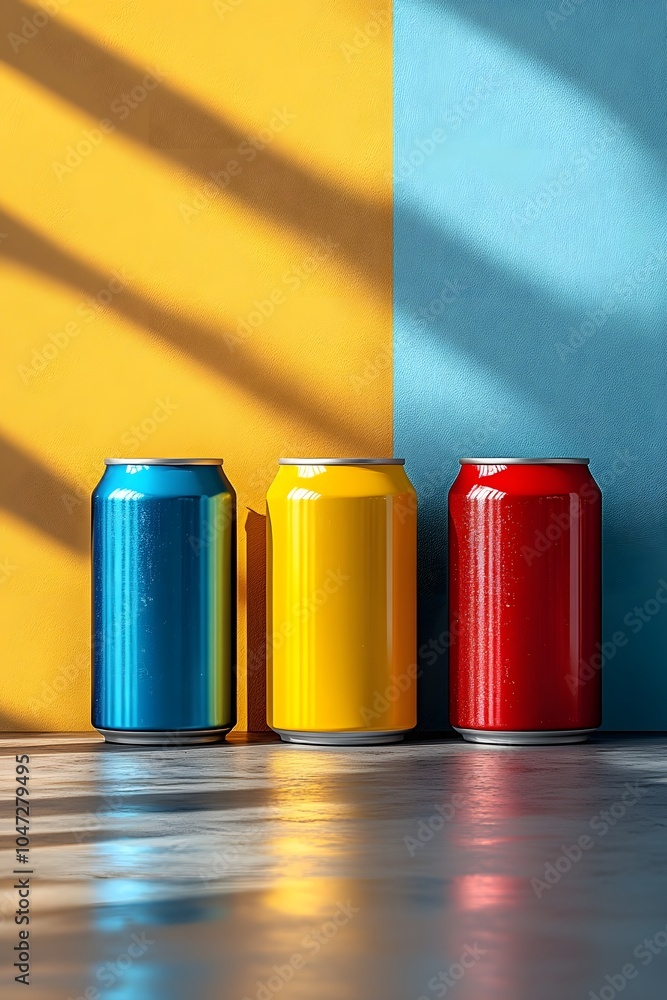 Beverage can mockup set with vibrant label options, stacked arrangement ...