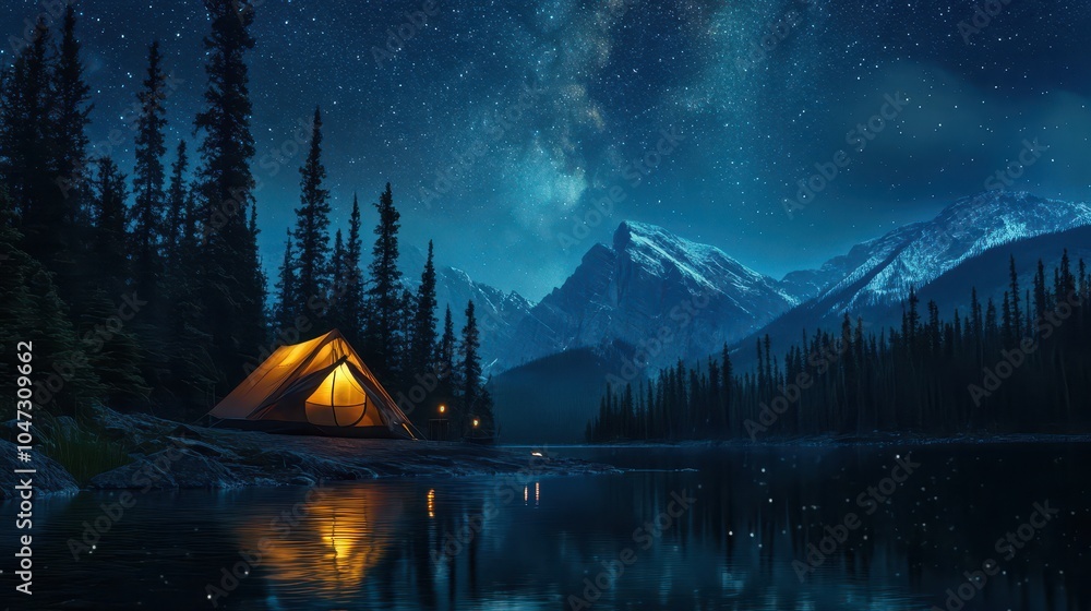 Illuminated Camping Tent Under a Starry Night: Banff National Park ...
