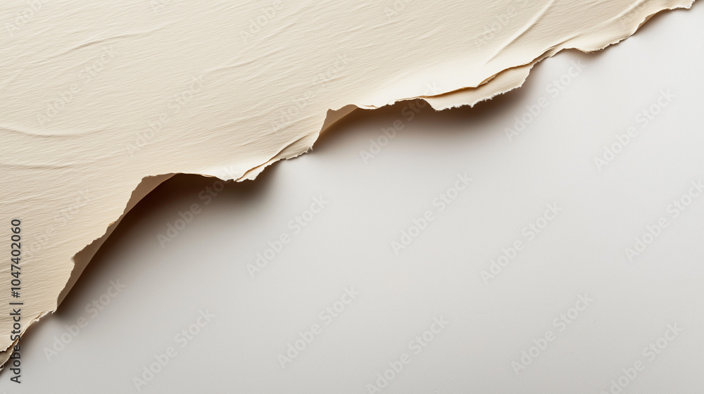 Textured cream-colored paper with deckle edges laid flat and softly lit ...