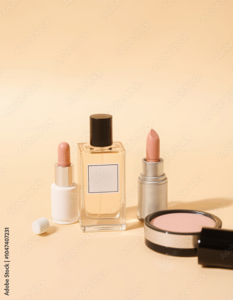 still life of cosmetics on a beige background, product photography of ...