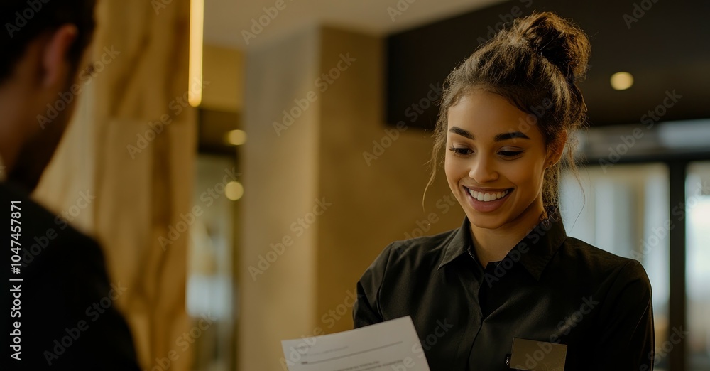 Receptionist assisting a guest with check-out â€“ A friendly ...