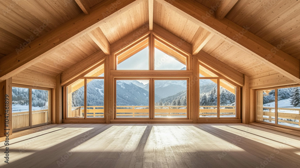 An empty interior of a wooden chalet with a beautiful winter landscape view and large windows ...