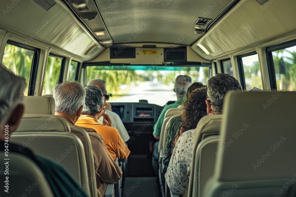 Guests riding in a hotel shuttle bus â€“ A group of travelers chatting ...