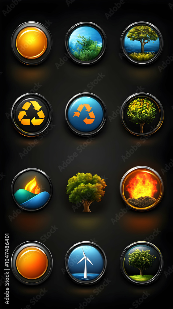 Nine circular icons with various nature and environmental themes ...