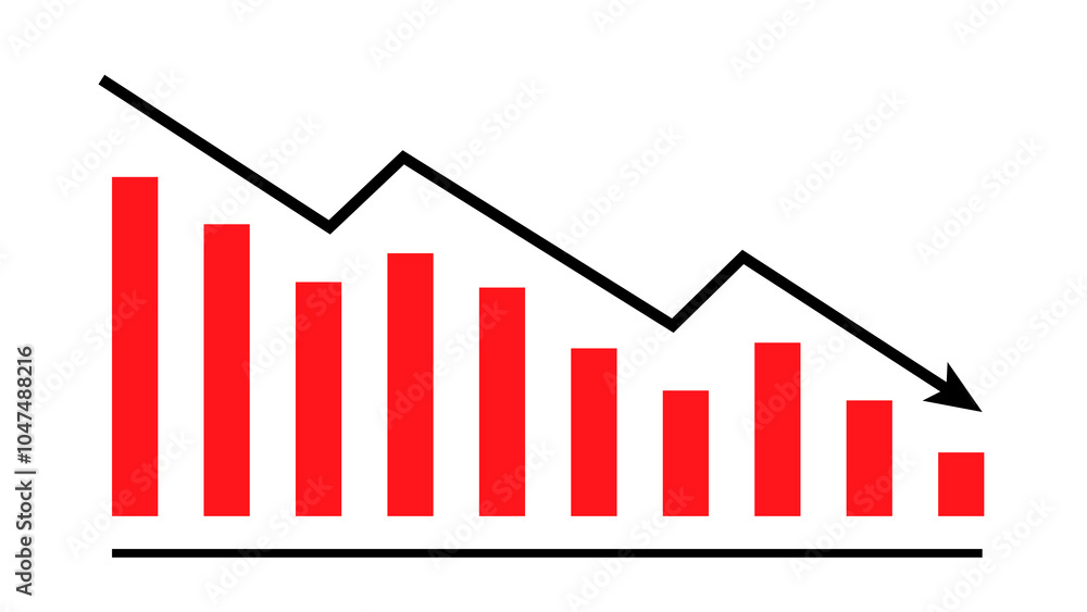 Decreasing or downward concept. A bar chart consists of red bars ...