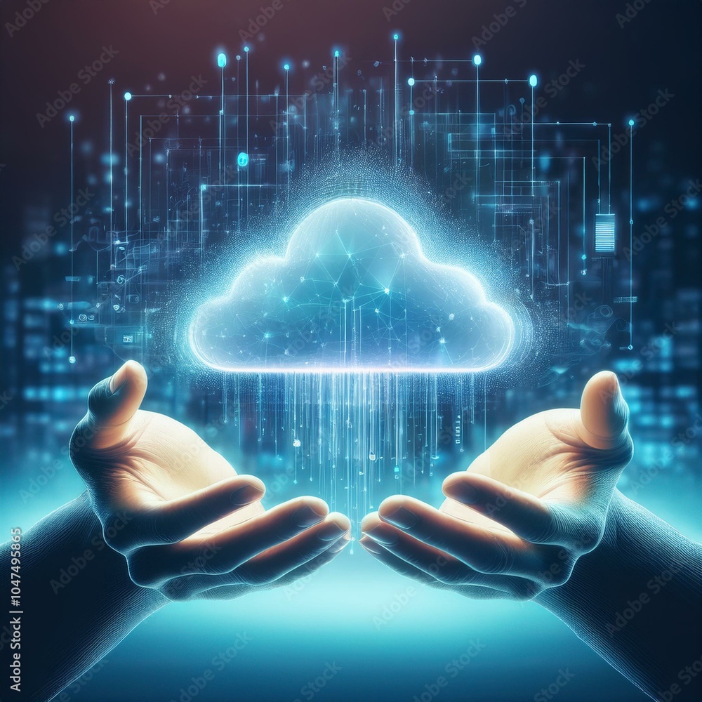 A digital realm unfolds within the grasp of human hand, as a luminous ...