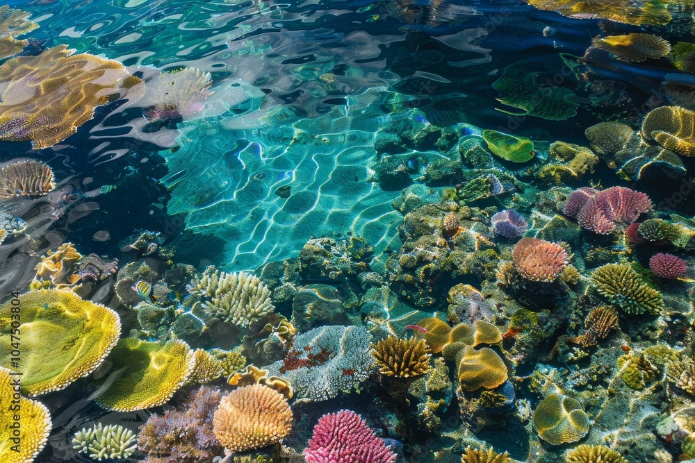 Brightly colored coral in a clear, tropical ocean ,The Great Barrier ...