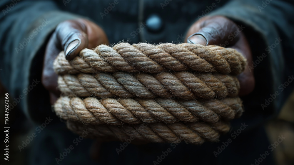 A close-up image of hands holding a coiled rope, symbolizing restraint ...