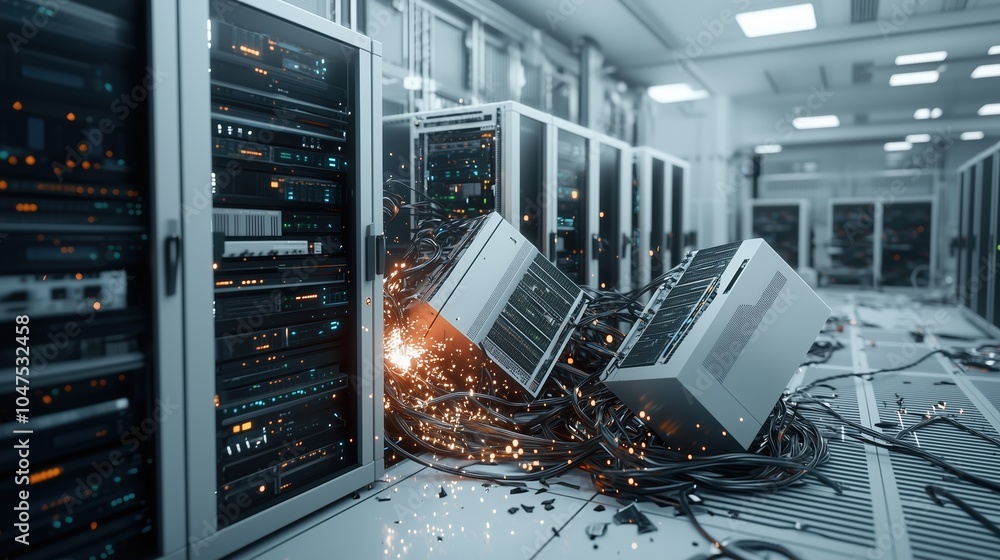 Computer server room with a box on the floor that has been smashed. The ...