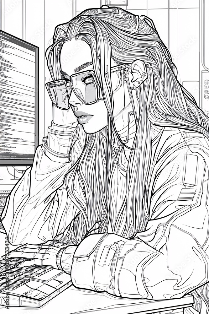 Line Drawing of an Edgy Woman with Glasses in Front of Computers, Tech ...