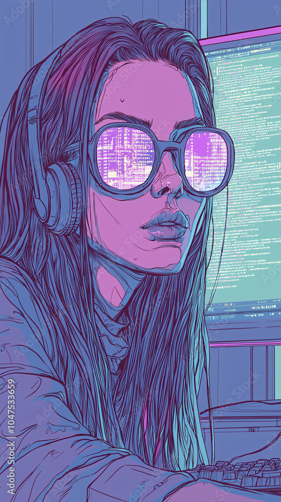 Line Drawing of an Edgy Woman with Glasses in Front of Computers, Tech ...