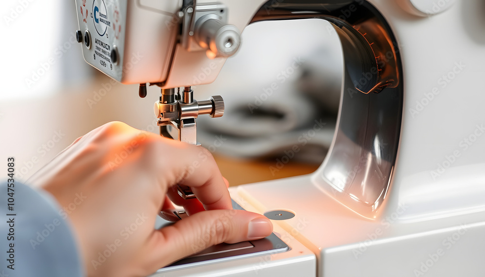 The hand of a seamstress switches the stitch regulator on a sewing ...