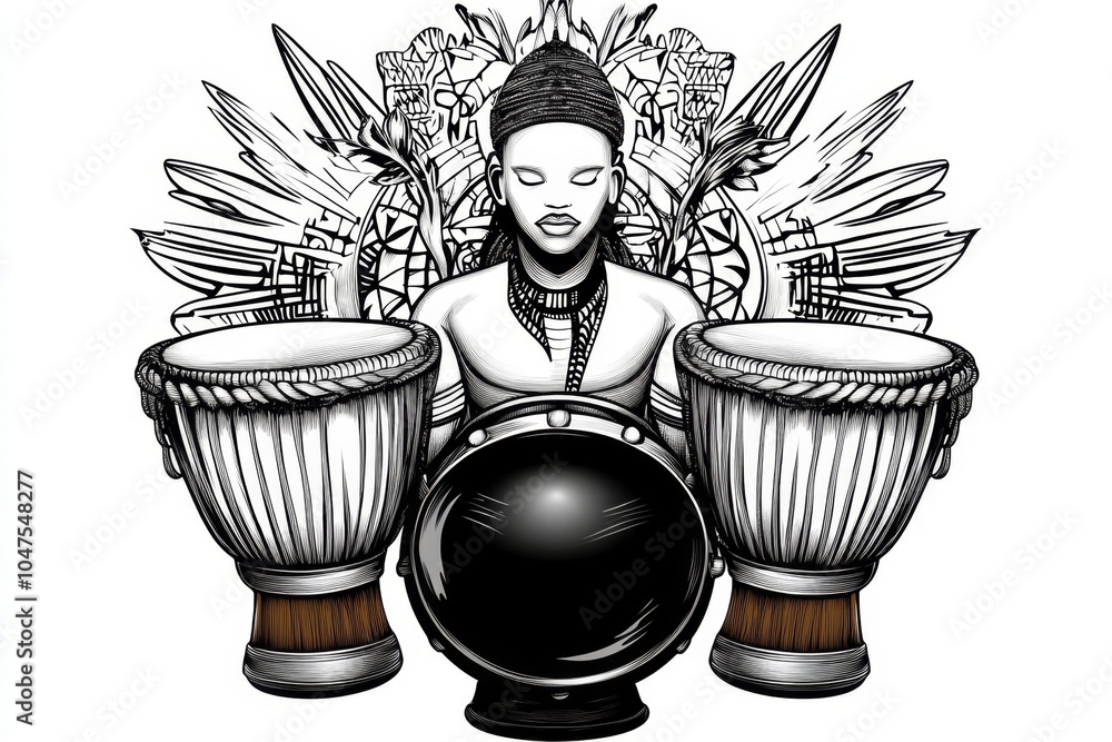 Minimalist line art of a traditional African drum circle, with clean ...