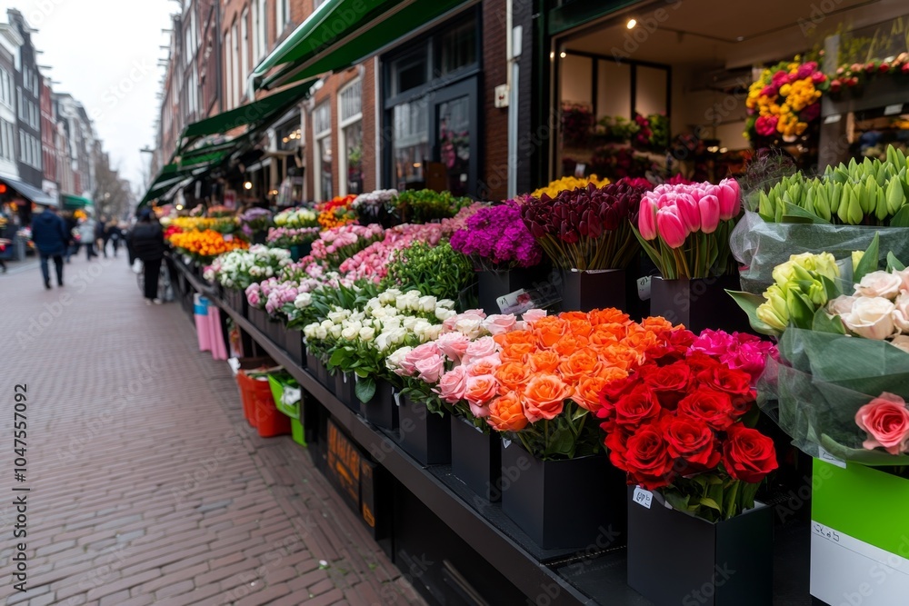 A flower market in Amsterdam with vibrant tulips, roses, and bouquets ...