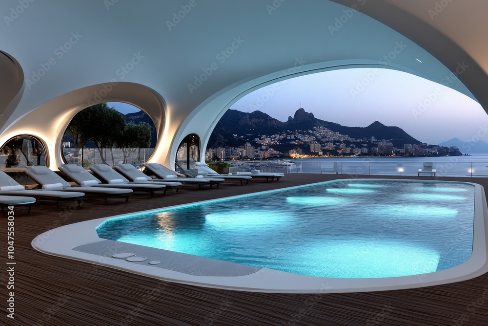 A futuristic swimming pool with transparent walls, integrated lighting ...