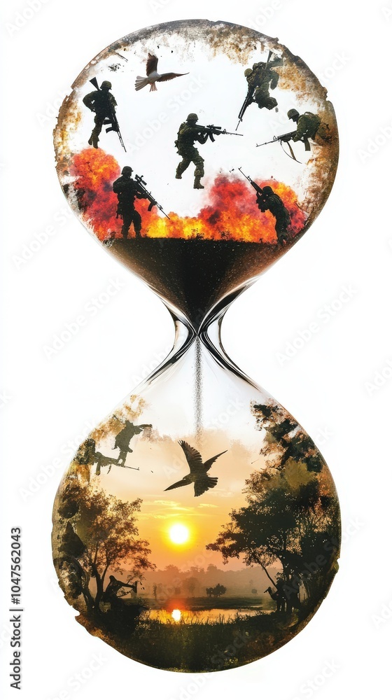 Hourglass with soldiers in battle at the top and a calm sunset ...