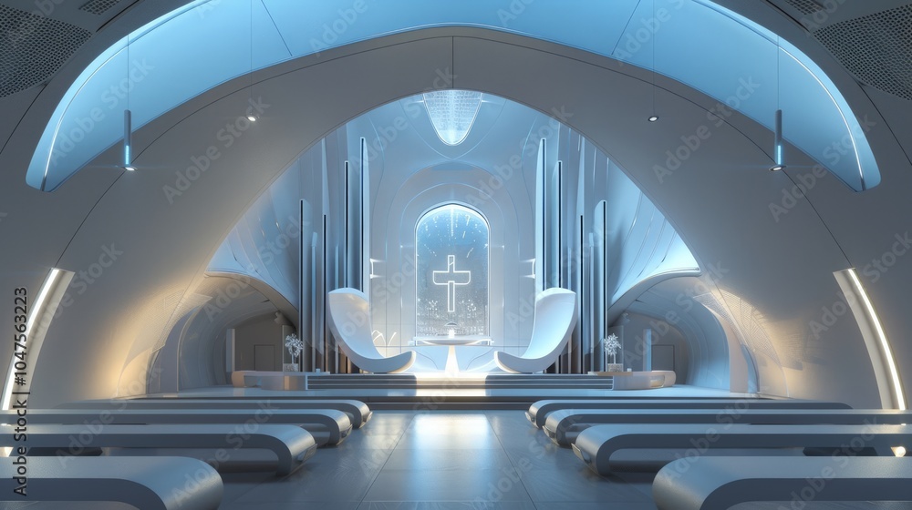 Futuristic Church Interior, featuring sleek curved designs, a digital ...