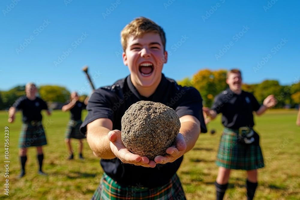 A traditional Scottish Highland Games event with participants in kilts ...