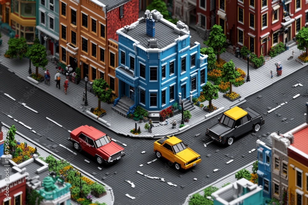 Pixel art of a lively neighborhood with colorful pixelated houses ...