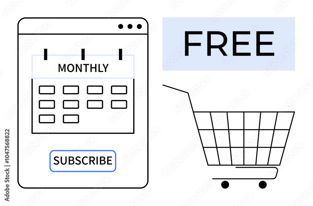 Calendar with monthly text and subscribe button. Shopping cart with ...