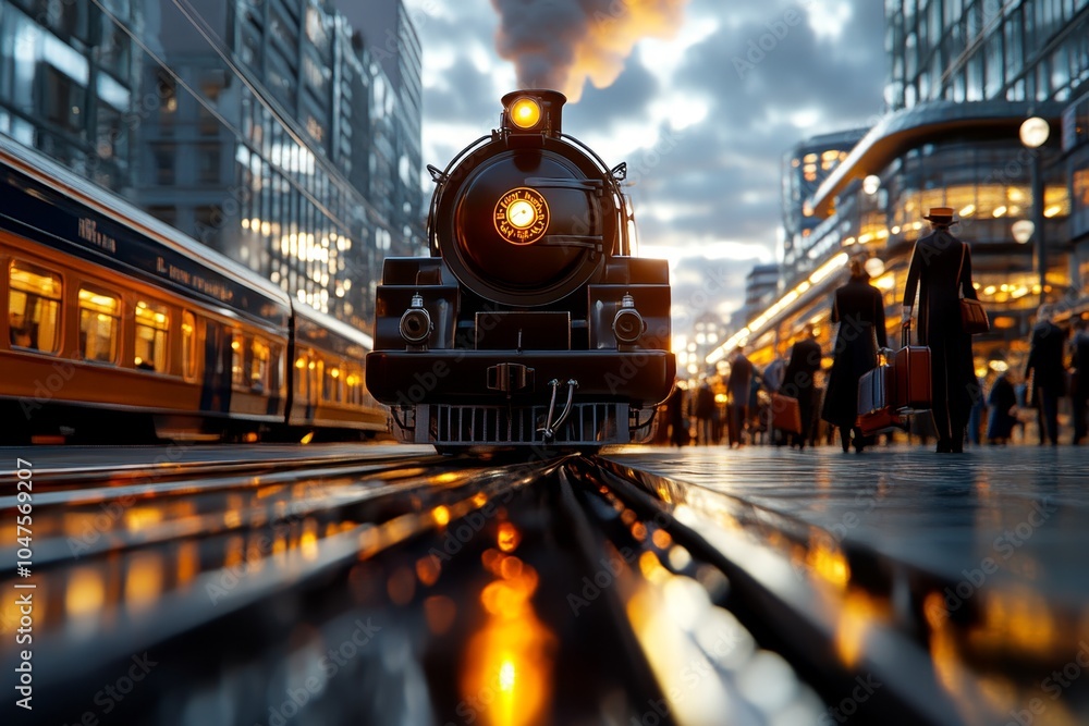 Retro depiction of a busy 1940s train station, with people in vintage ...