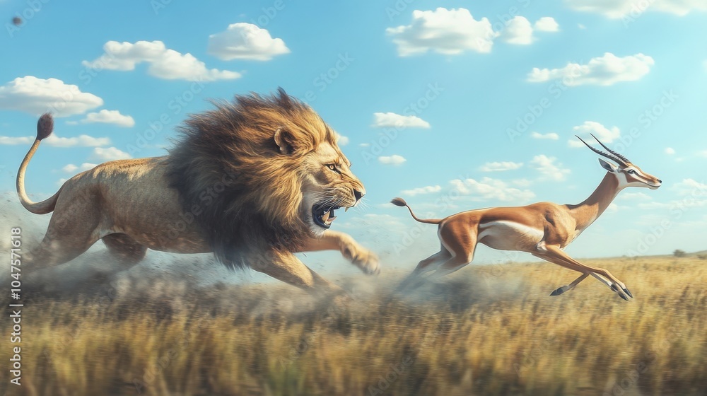 Lion sprinting after a gazelle on the African savannah. High-speed wildlife chase with dust ...