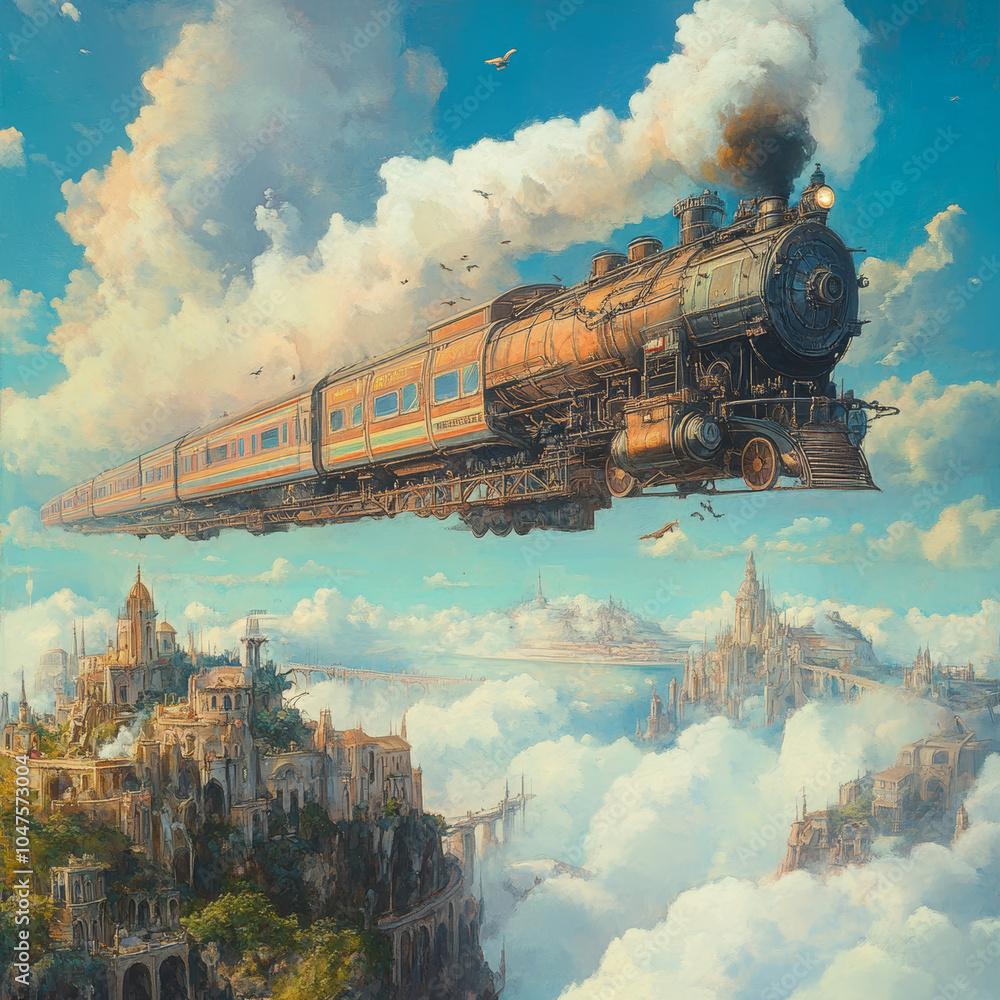 Flying trains glide effortlessly through the sky, futuristic and sleek ...
