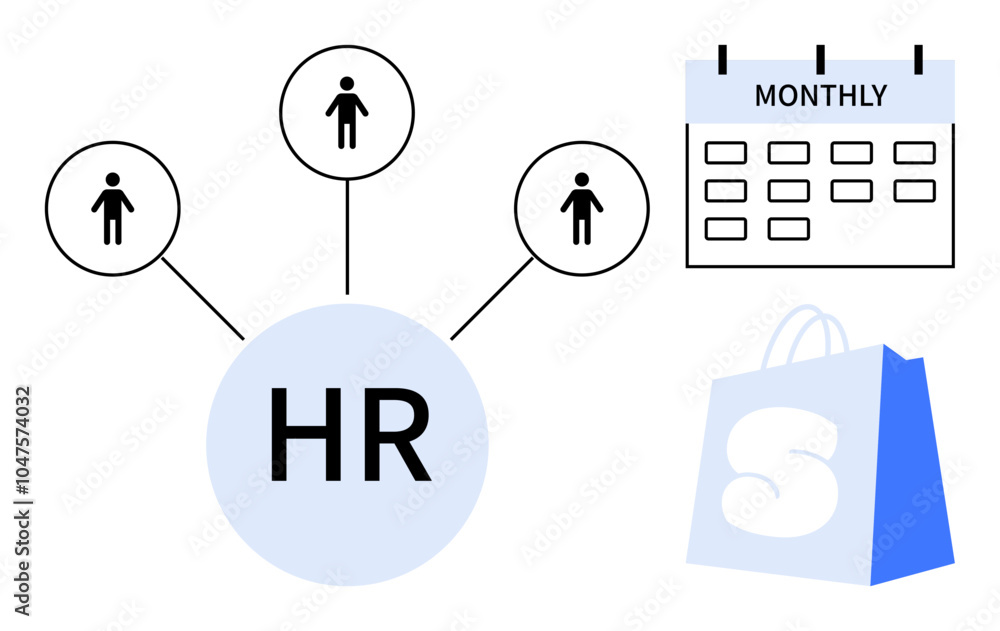 HR in large circle connected to three employee circles, monthly ...
